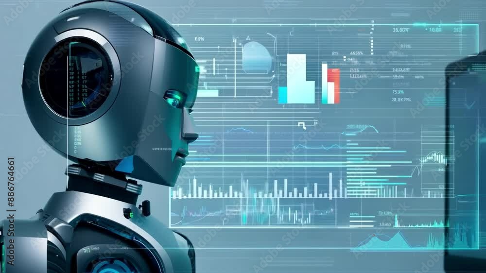 AI chatbot robot support working at a desk with a computer acting as ...