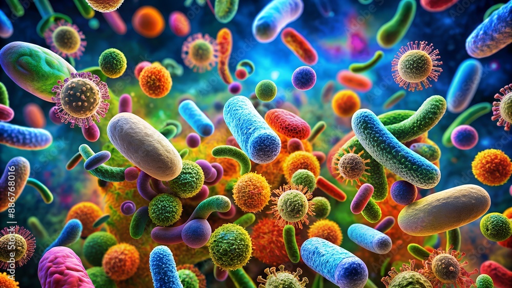 Vividly colored bacteria under microscope showcasing complex structures ...