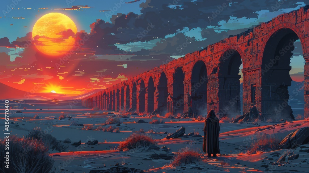 Pixel art depiction of a vast dune desert landscape, characterized by ...