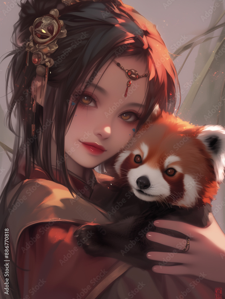 Cute Anime Girl with Cute Red Panda Stock Illustration | Adobe Stock