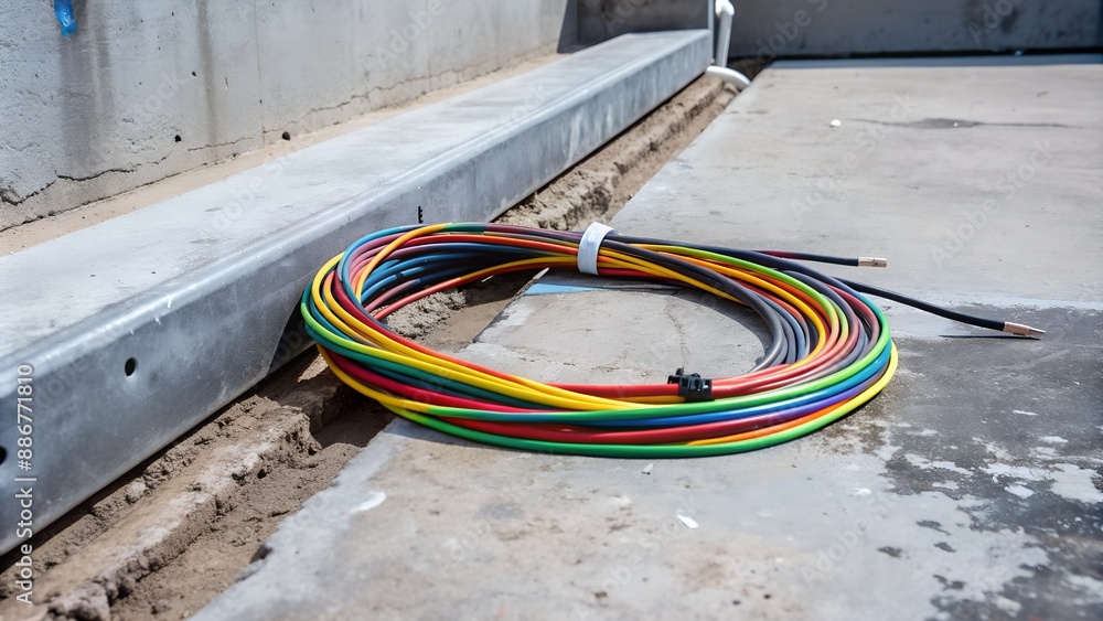 Ground wire cable installation at concrete base, concrete, ground wire ...