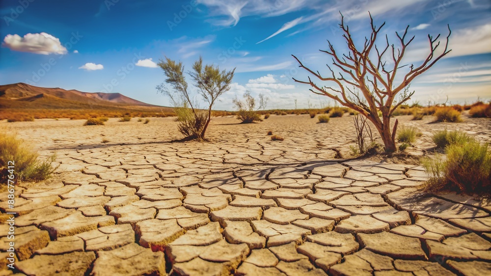 Arid wasteland with cracked dry earth, dead plants, and little ...