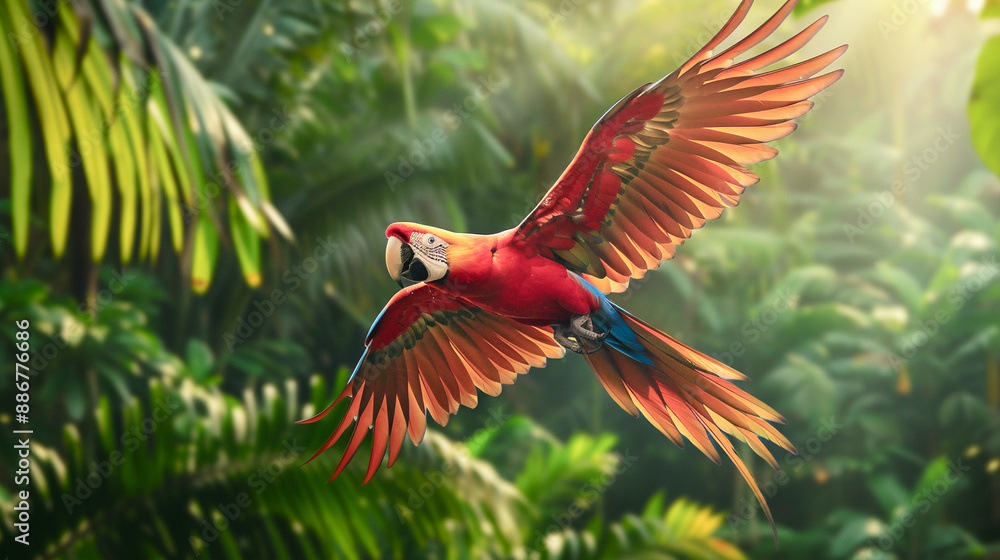 Vuelo Majestuoso del Loro de colores en la Selva. Ave tropical volando ...