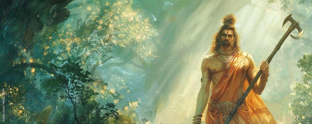 A serene portrayal of Lord Parashurama, the warrior-sage, standing with ...