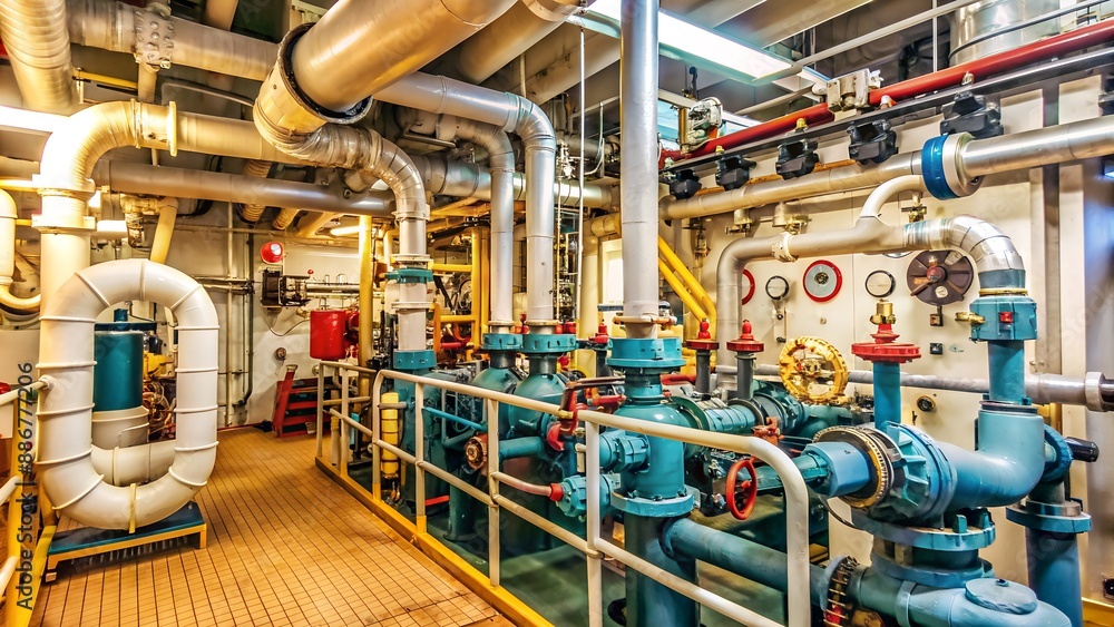 Industrial valves and pipes in modern offshore ship's engine room, room ...