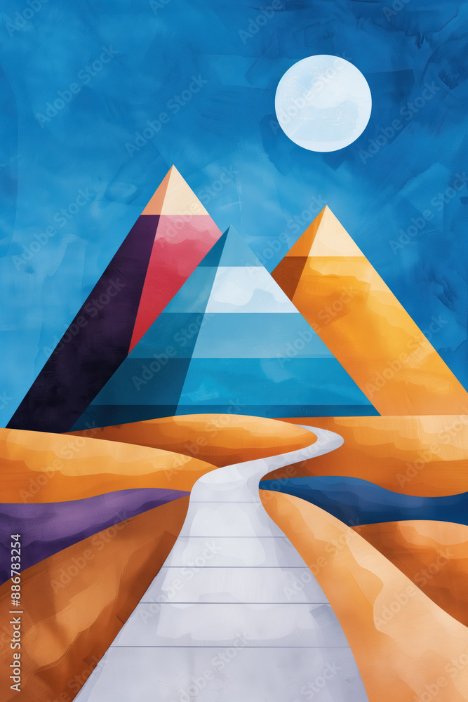 Modern impressionist poster of Egyptian pyramids under a bright moonlit ...