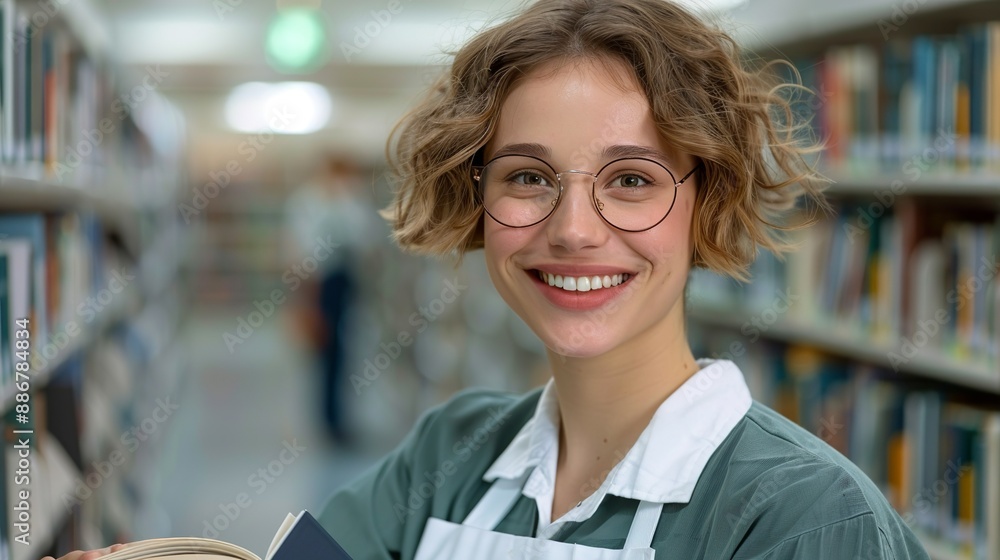 Content librarian in a library shelving books and assisting patrons ...