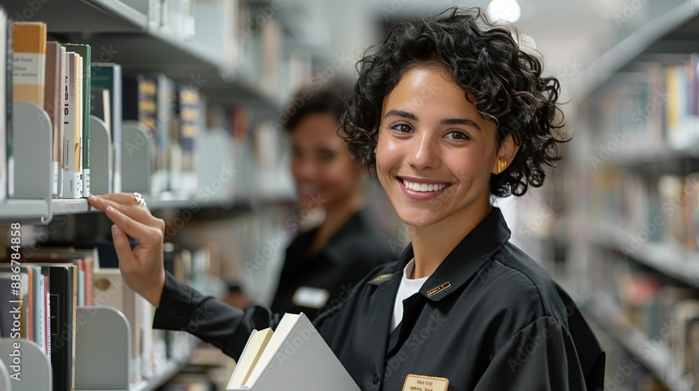 Content librarian in a library shelving books and assisting patrons ...