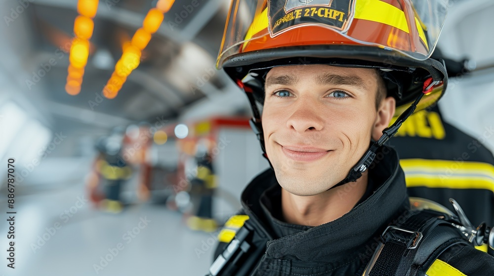 Content firefighter in uniform demonstrating safety procedures at a ...