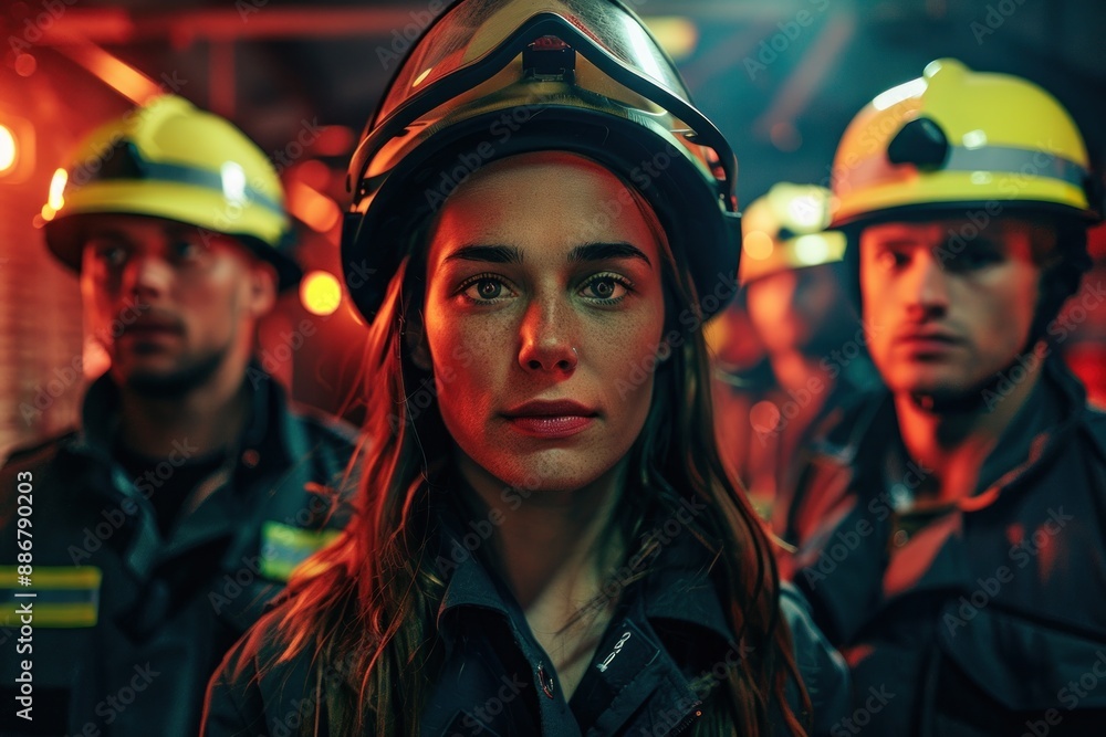 Beautiful young female firefighter holding a helmet standing in a ...