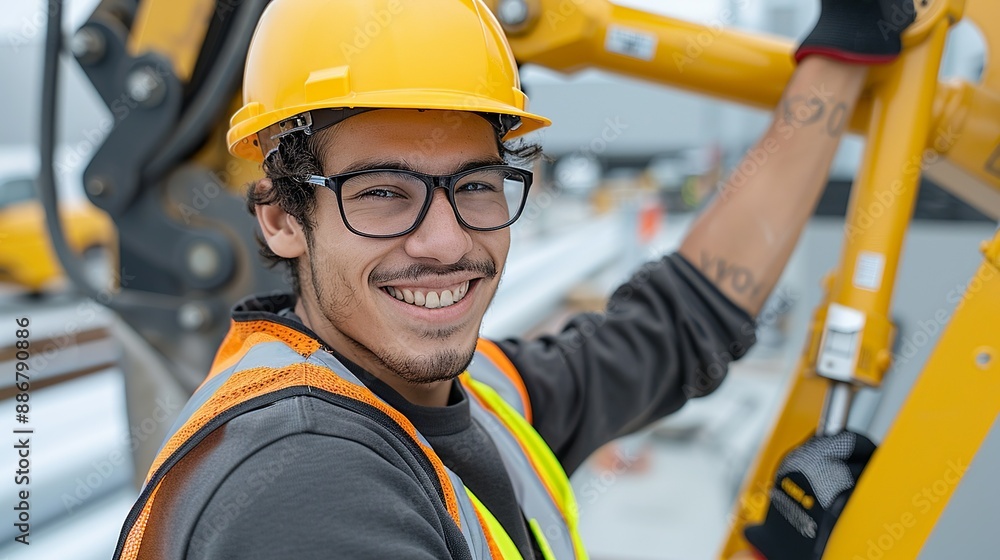 Construction worker wearing a hard hat and safety vest smiling while ...