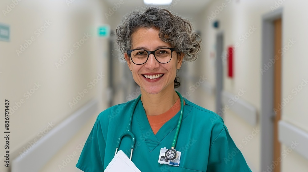 Nurse in scrubs smiling gently while holding a medical chart in a ...