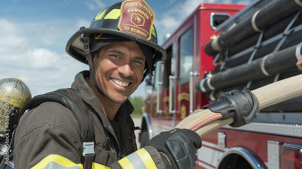Firefighter in full gear smiling bravely while holding a fire hose in ...