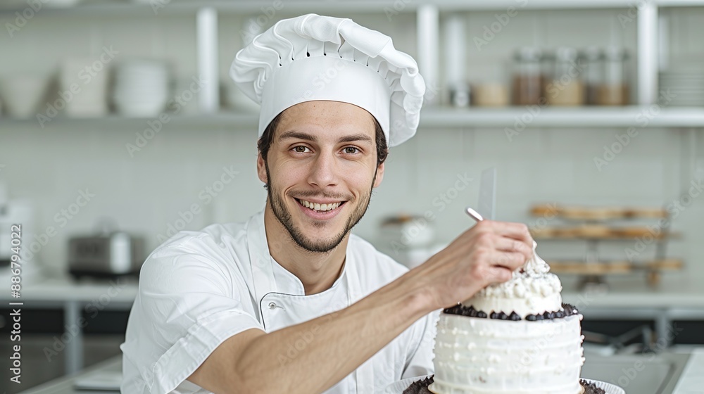 Chef in a bakery smiling while decorating a cake in a beautifully ...