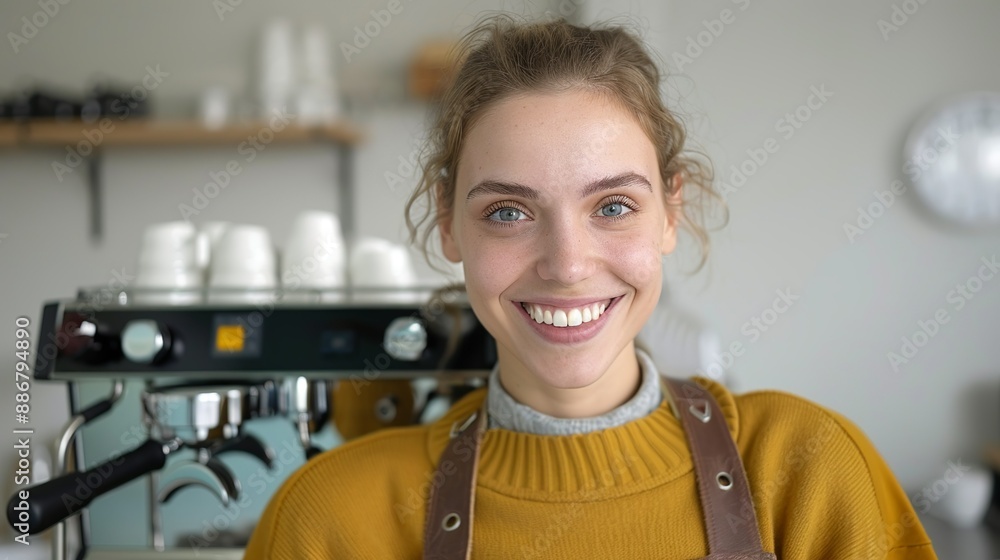 Barista smiling while making coffee in a cozy cafe representing ...