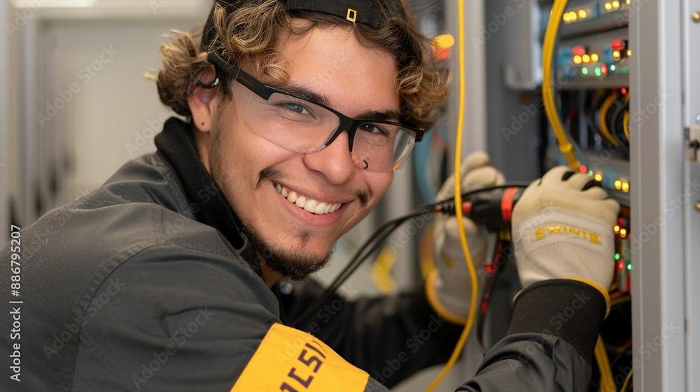 IT technician smiling while fixing a computer in a server room ...