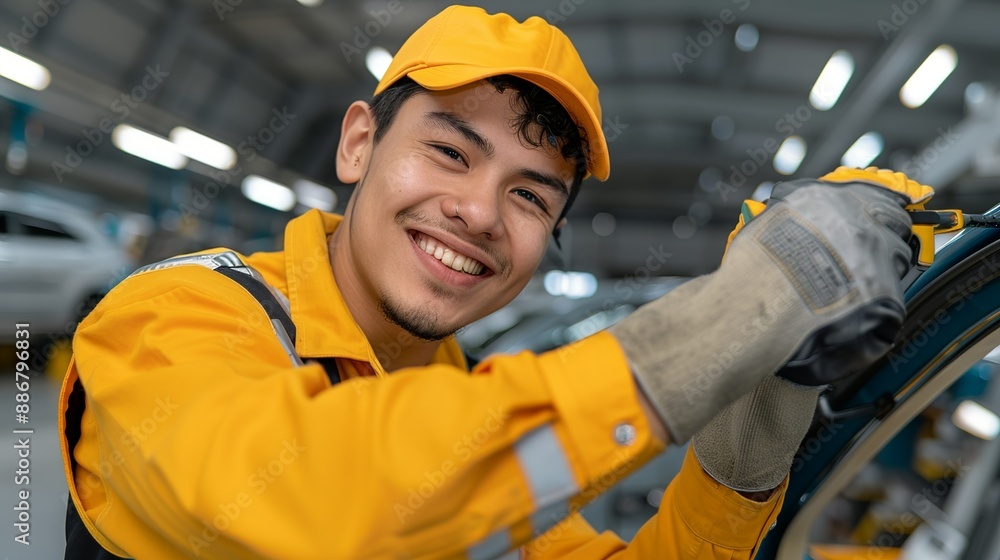 Mechanic smiling while repairing a car in an auto shop representing ...