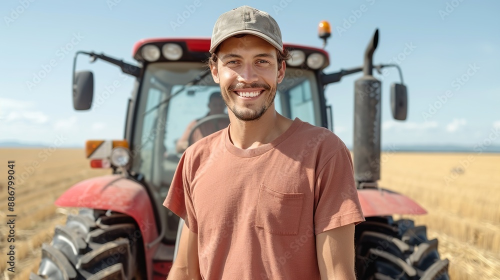 Farmer smiling while driving a tractor in a vast field representing ...