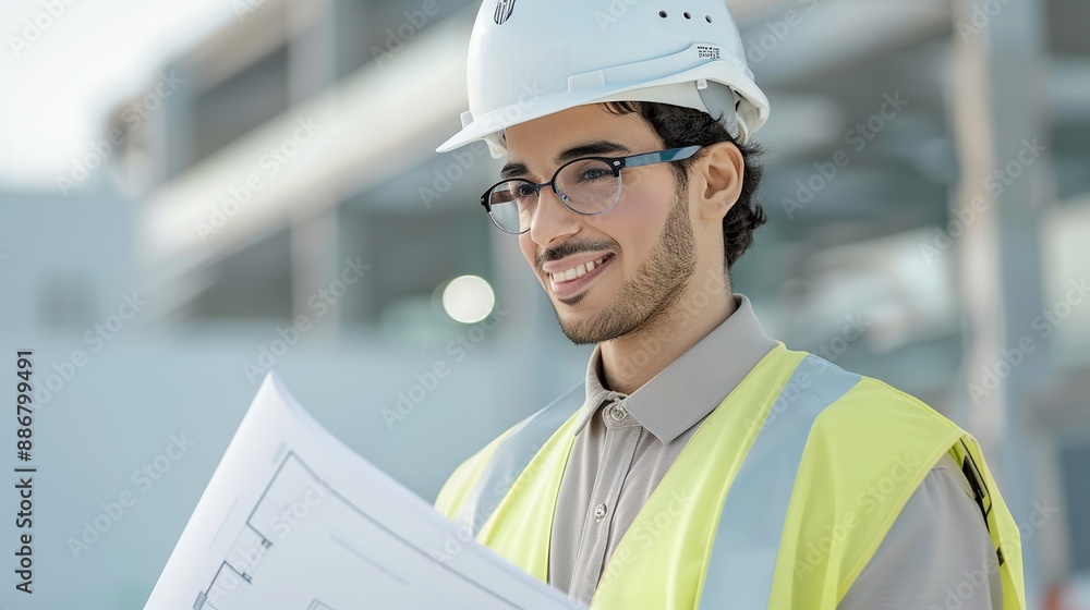 Arab engineer in a hard hat smiling while reviewing blueprints on a ...