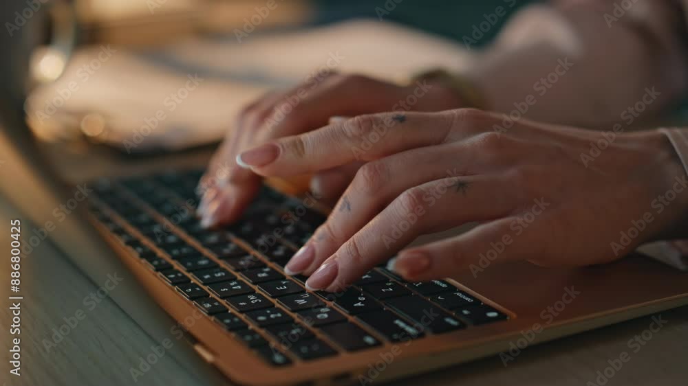 Closeup fingers writing email laptop online. Manager browsing internet ...