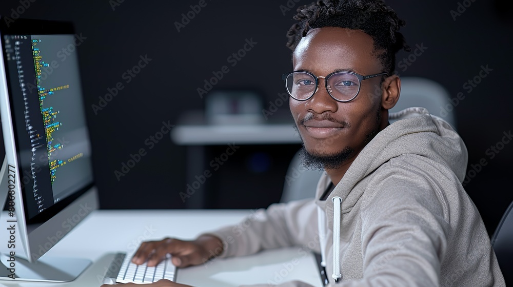 African software engineer smiling while coding at a computer desk in a ...