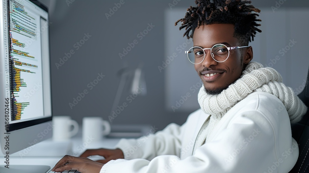 African software engineer smiling while coding at a computer desk in a ...