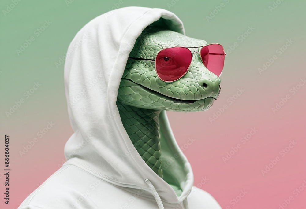 Cool snake wearing white hoodies and sunglasses on light pastel pink ...