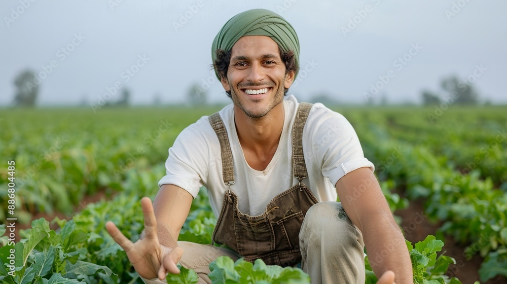 Indian farmer smiling while tending to crops in a verdant field ...