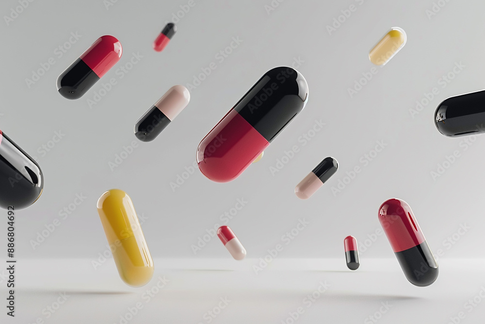 Floating capsules with a glossy finish in various colors against a ...