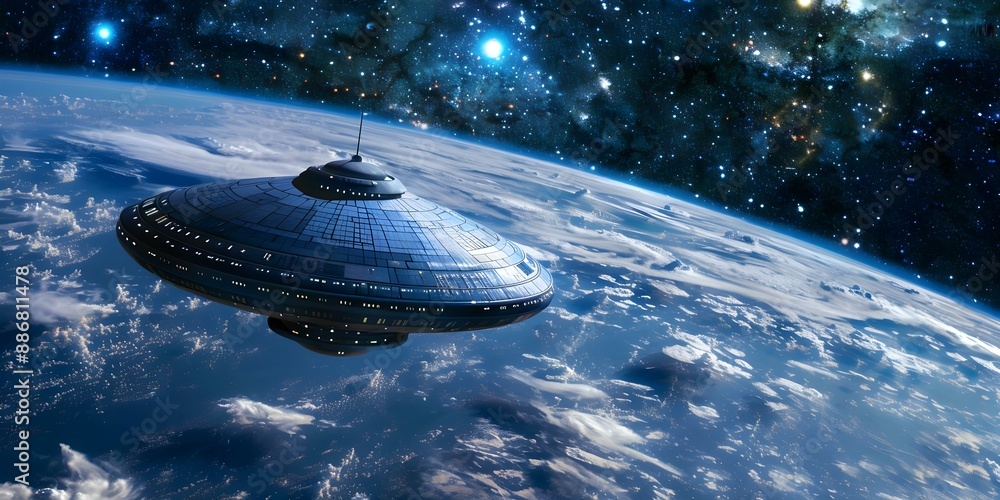 Large UFO mothership hovering in Earths orbit a mysterious and aweinspiring sight. Concept UFO ...