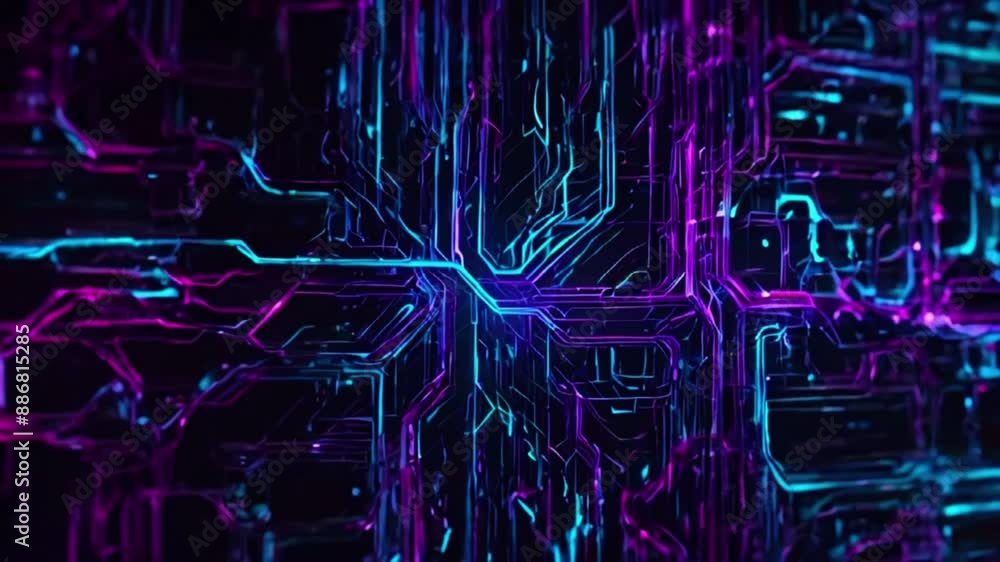 Detailed blue circuit board patterns with moving neon lights ...