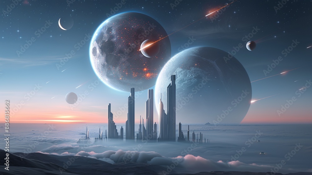 Sci-fi scene of a futuristic cityscape on an alien planet, under ...