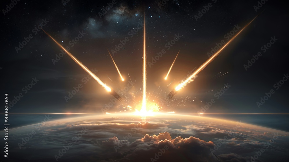 Sci-fi scene of a space battle among distant stars, with laser beams ...
