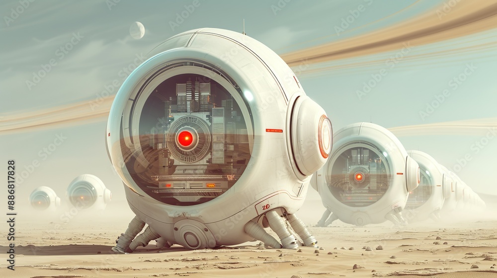 Space colonization concept with domed cities on Mars, under a sky ...