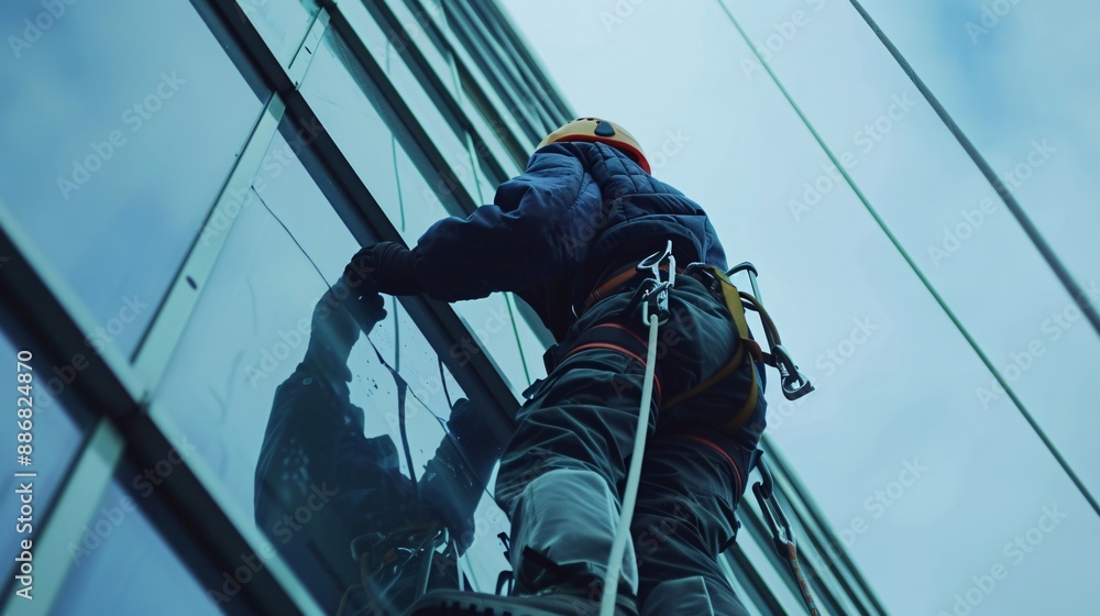 Professional window cleaner prepares his harness for a high-rise ...