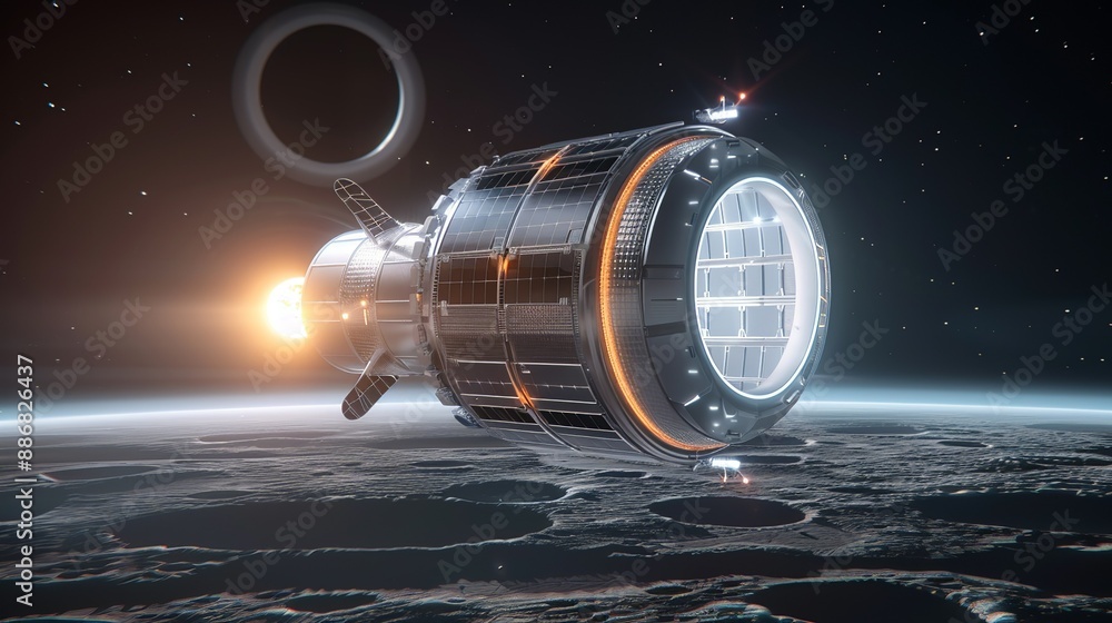 Space habitat orbiting a dwarf planet, with solar panels and modular ...