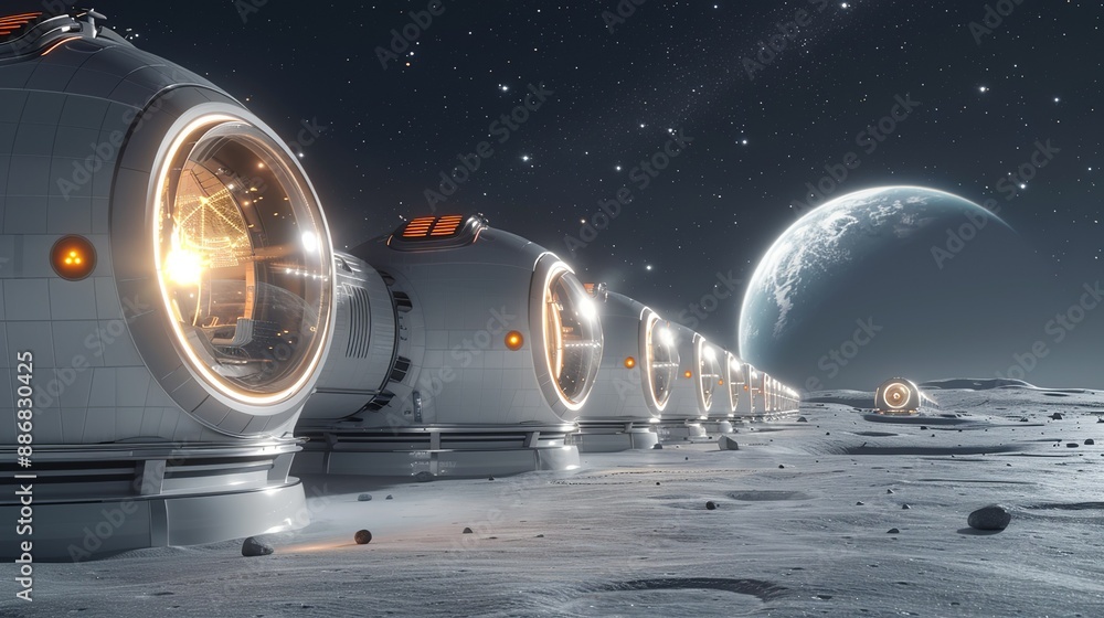 Lunar colony with biodomes and solar farms, under a starry sky with ...