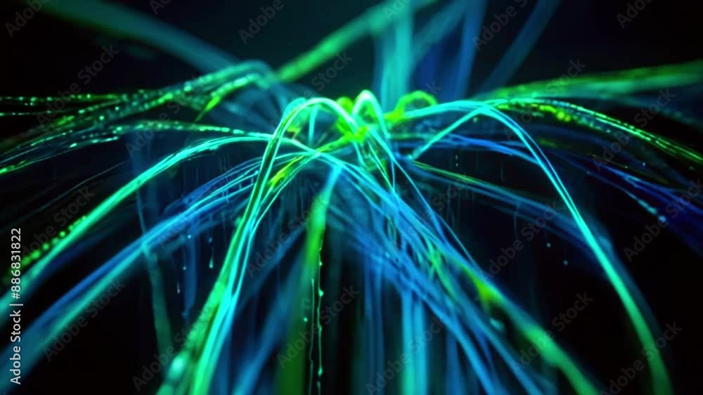fiber optic cables emitting blue and green light as they weave and ...
