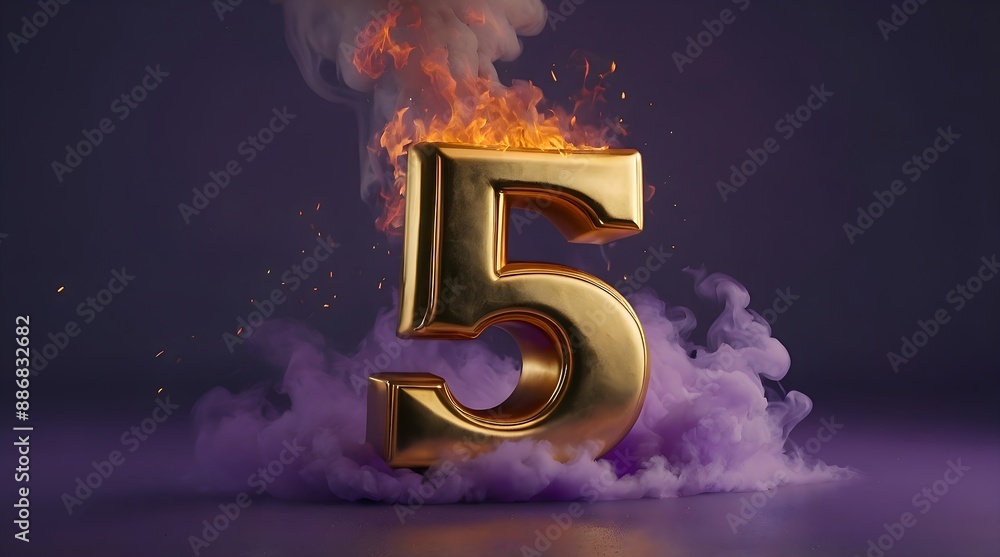 The number 5 in 3D, in gold color, it's on fire, there are yellow fire ...