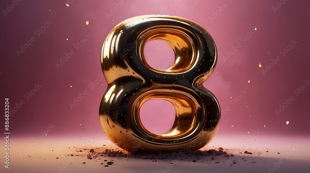 The number 8 in 3D, in gold color, it's on fire, there are yellow fire ...