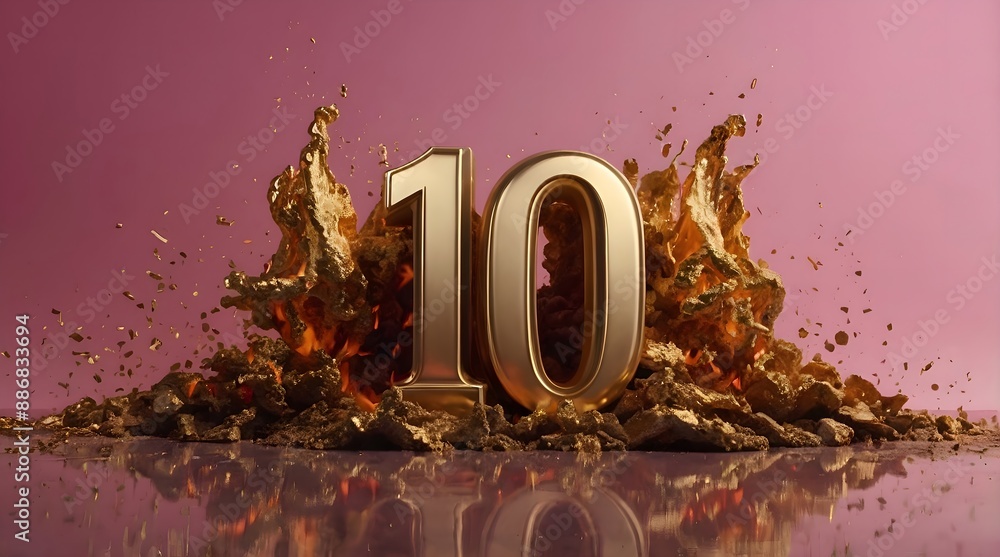 The number 10 in 3D, in gold color, it's on fire, there are yellow fire ...