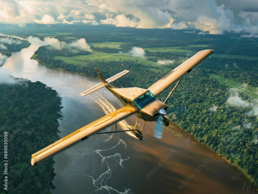 Small propeller plane flies over Amazon River with lush green trees and ...