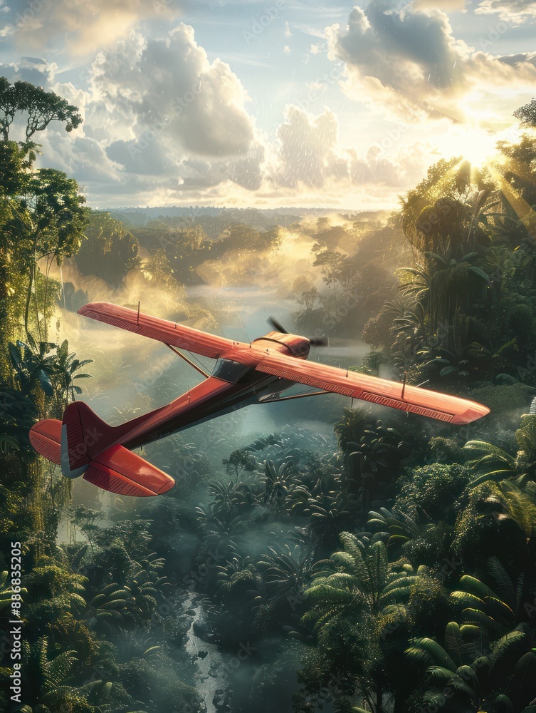 Red biplane flies over dense jungle with green foliage and towering ...