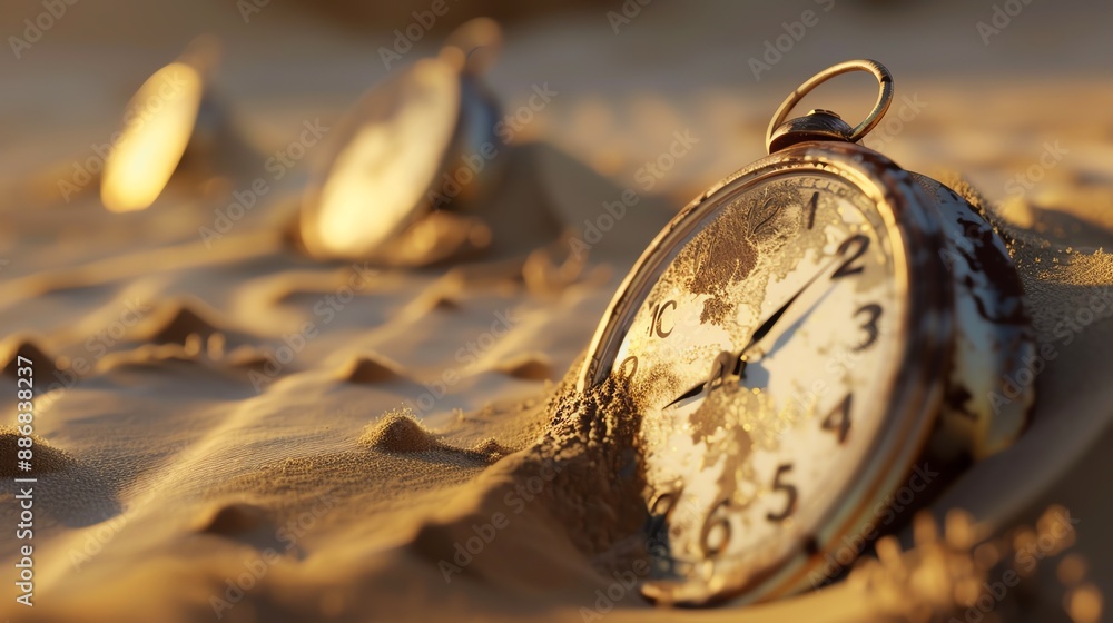 Vintage pocket watches half-buried in sand symbolizing the passage of ...