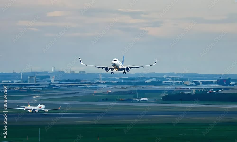 An airplane taking off from a busy airport with multiple runways. The ...