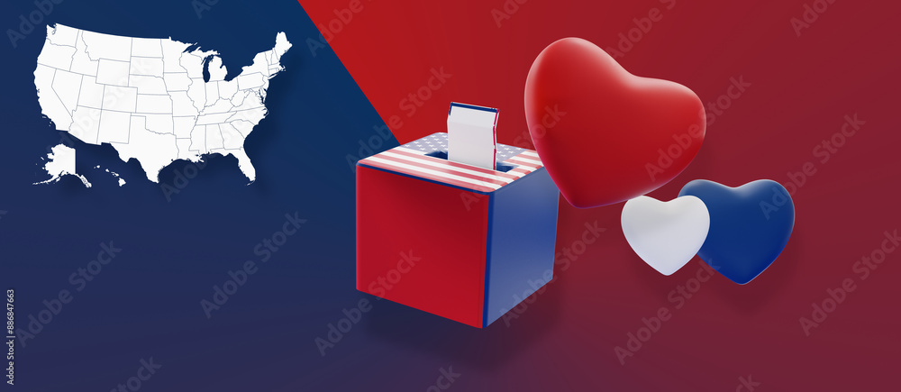 presidential election with hearts and outline map of America, states ...