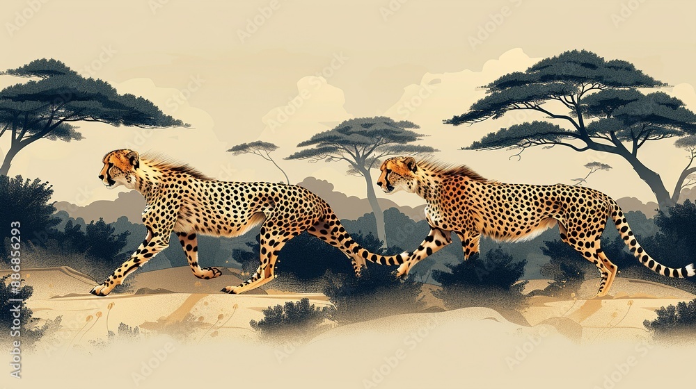 Dynamic design featuring cheetahs racing across the African savannah ...