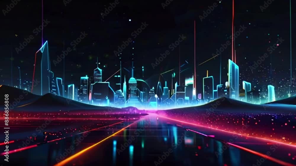 A high-tech cityscape with towering skyscrapers and flying vehicles ...