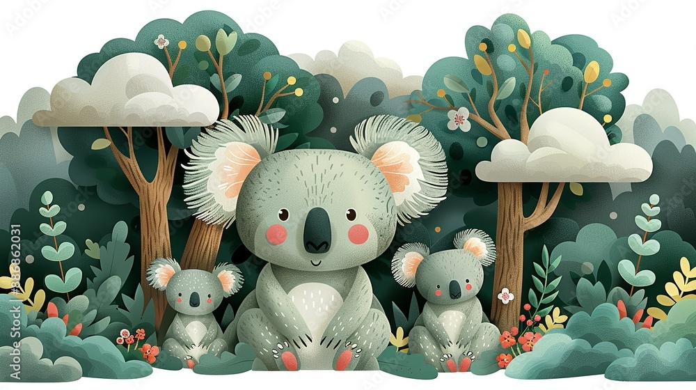 Cute illustration of a family of koalas nestled in eucalyptus trees ...