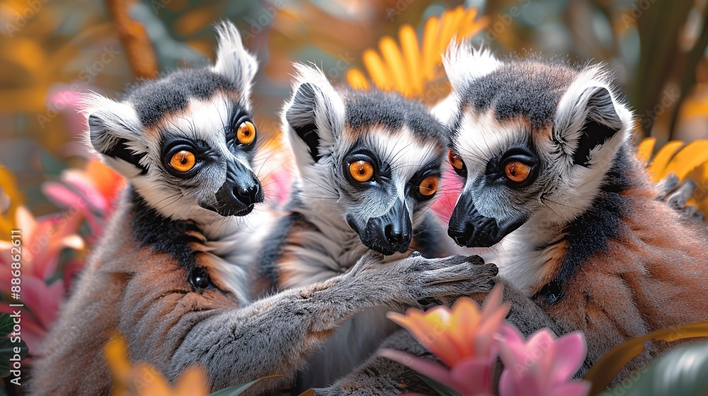 Playful depiction of a group of lemurs playing and grooming each other ...